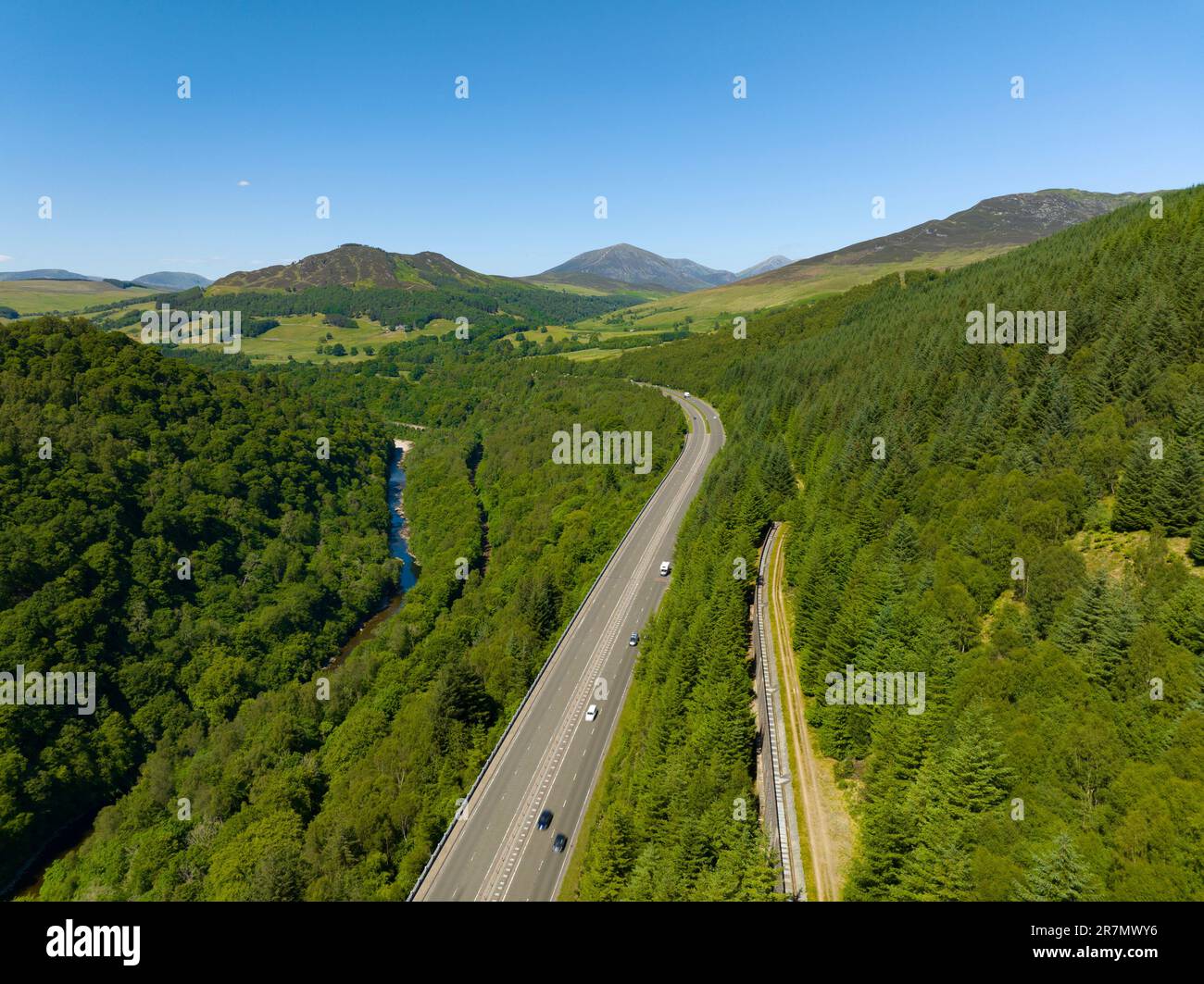 Killiecrankie, Scotland, UK. 16th June 2023. Aerial view of the A9 ...