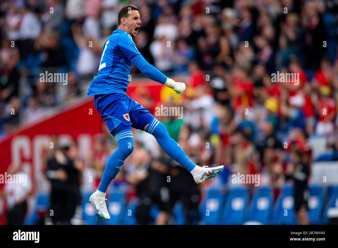 Cardiff, UK. 16th June, 2023. Wales goalkeeper Danny Ward. Celebrates ...