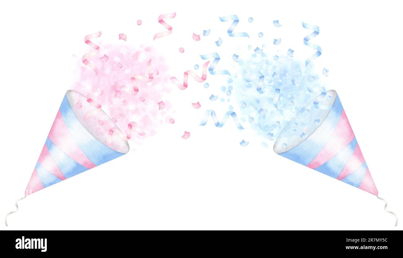 Banner pink blue party poppers with confetti. Hand drawn watercolor ...