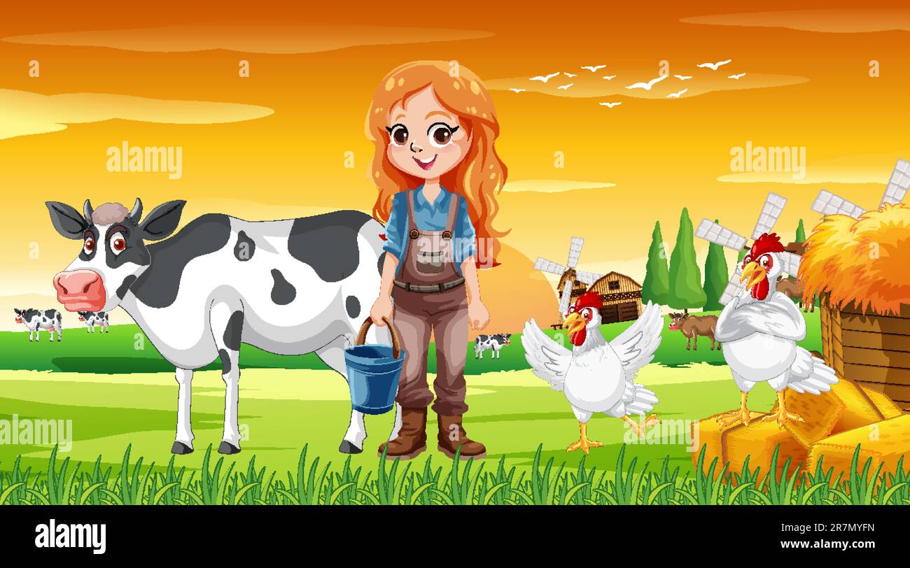 Cute farmer cartoon character ay rural farm land illustration Stock ...