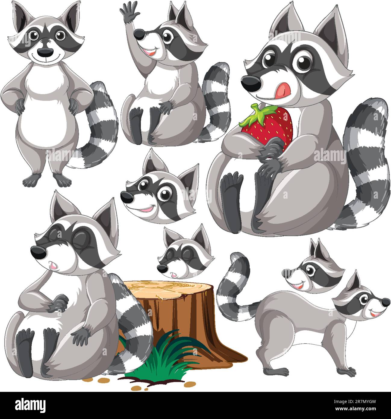 Set of raccoon cartoon character with head and facial expression ...