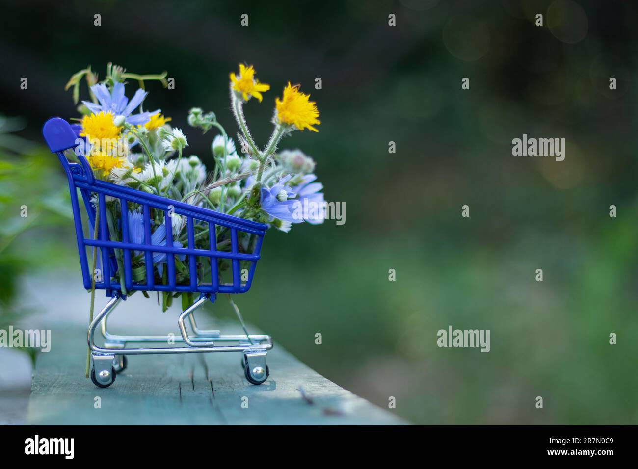 blue basket with supermarket full of flowers in spring on the street on ...