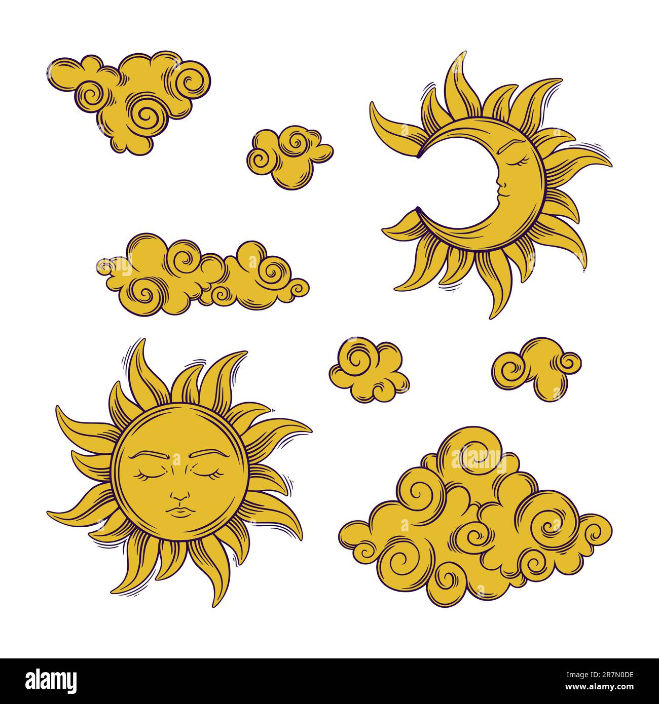 Tarot esoteric sun, crescent moon and clouds. Tarot set with golden ...