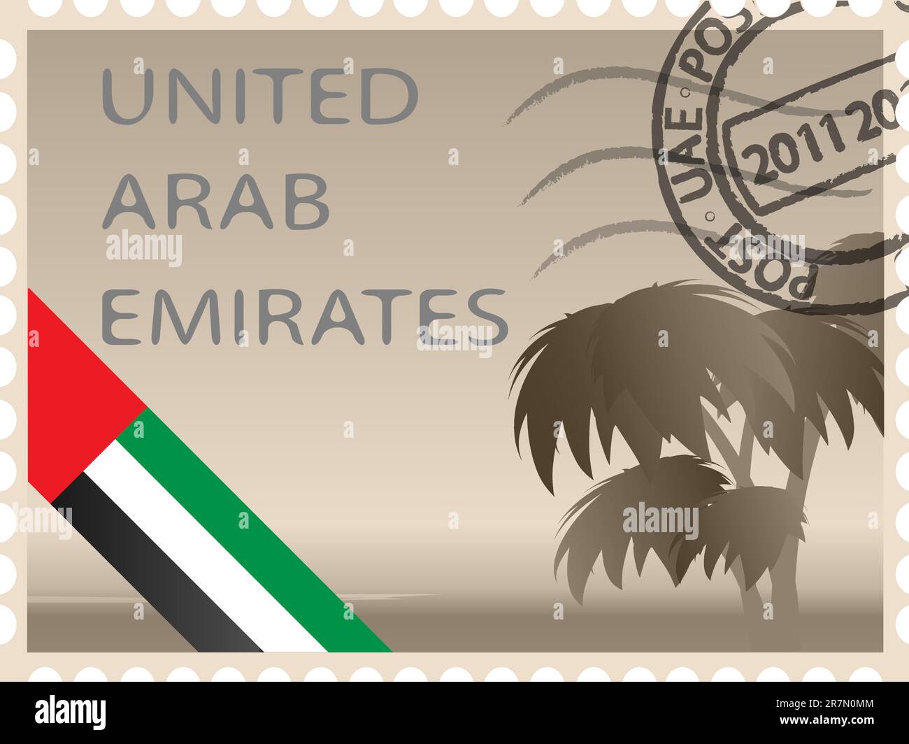 Flag of the United Arab Emirates and silhouette of a trees against a ...