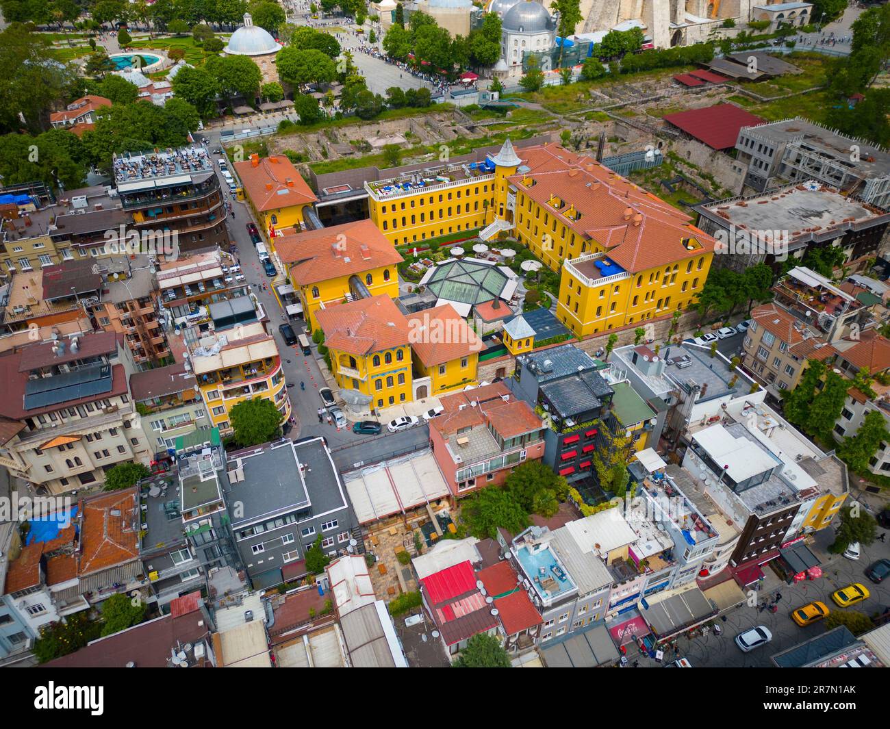 Historic commercial buildings on Akbiyik Caddesi Street in Sultanahmet ...
