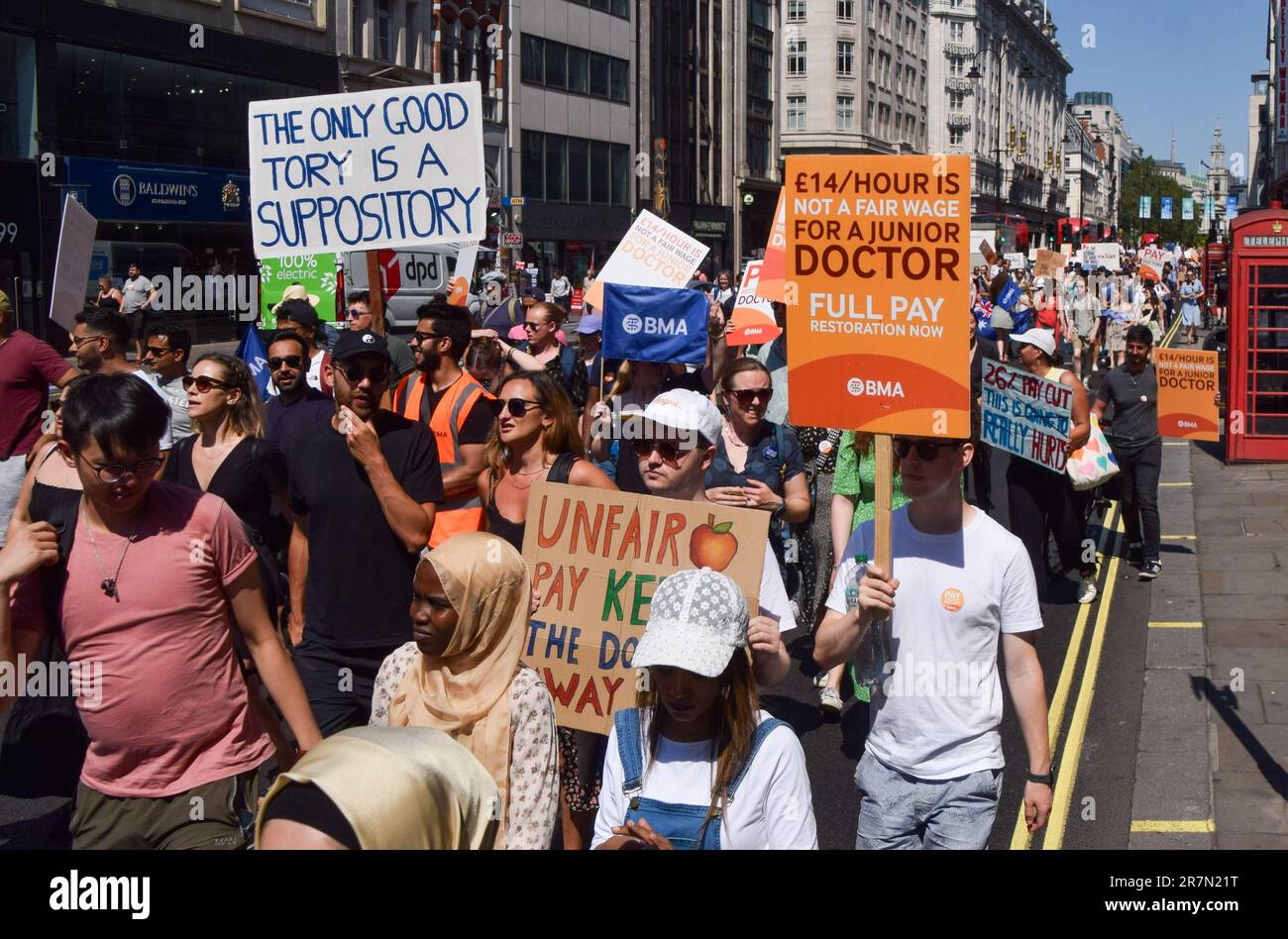 London, UK. 16th June 2023. Junior doctors march in central London as ...