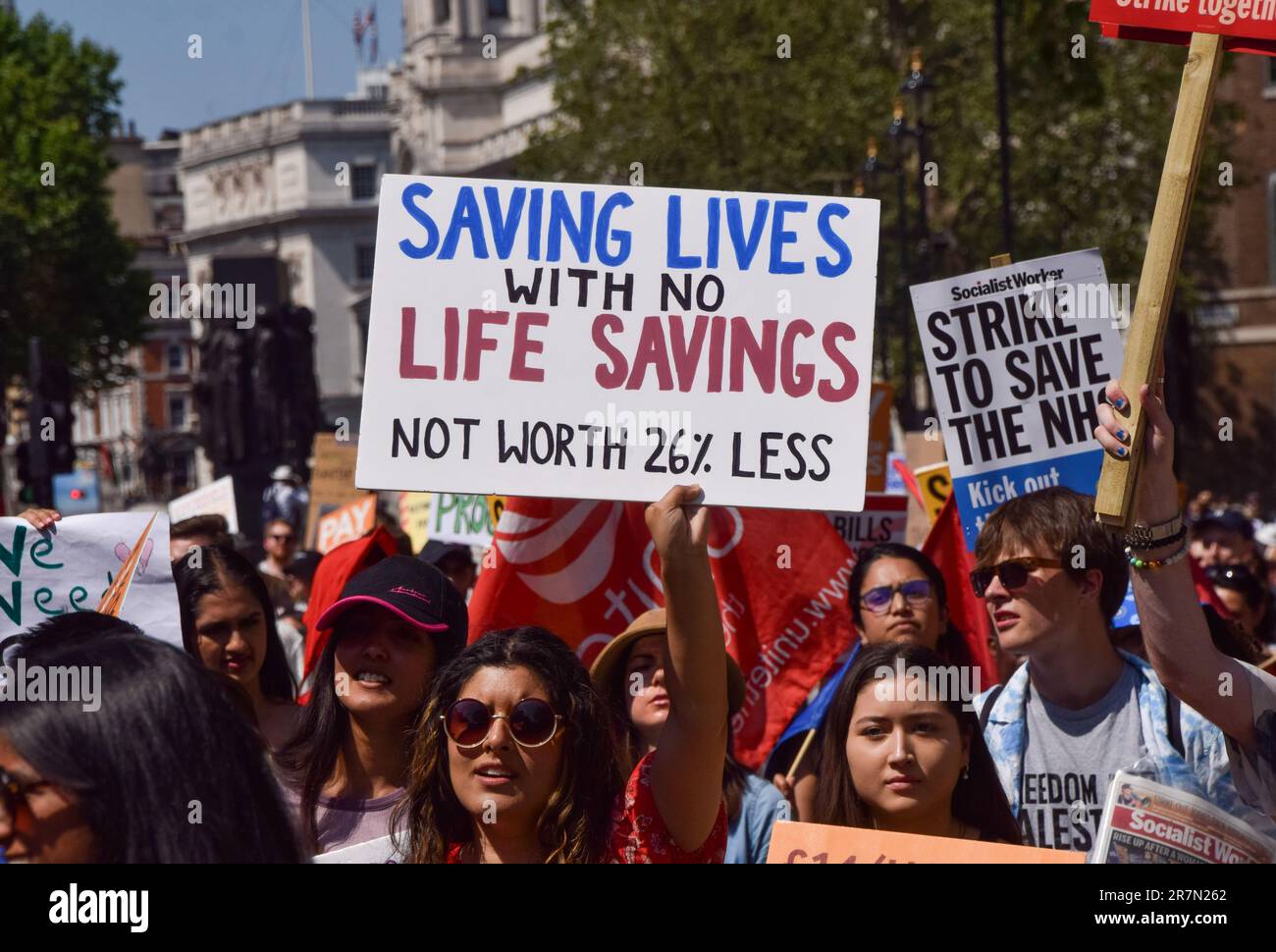 London, UK. 16th June 2023. Junior doctors march through Whitehall as ...