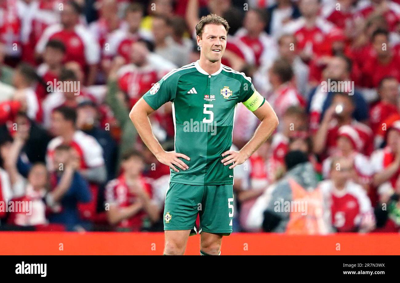 Northern Ireland's Jonny Evans looks dejected after Denmark's Jonas ...