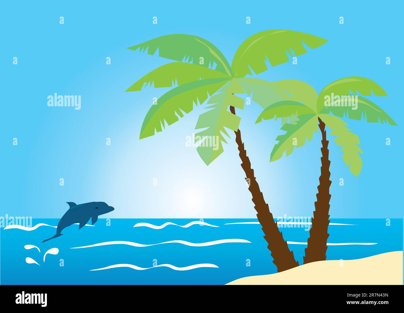 vector illustration of a beach with palm trees and a dolphin Stock ...