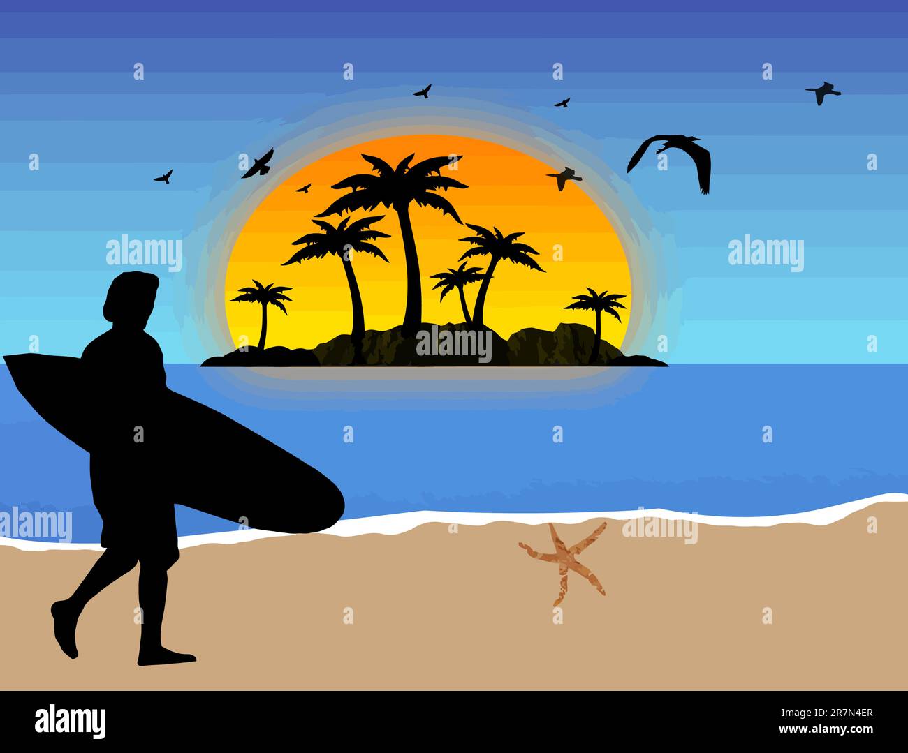 Surfer on tropical beach background, vector illustration Stock Vector ...