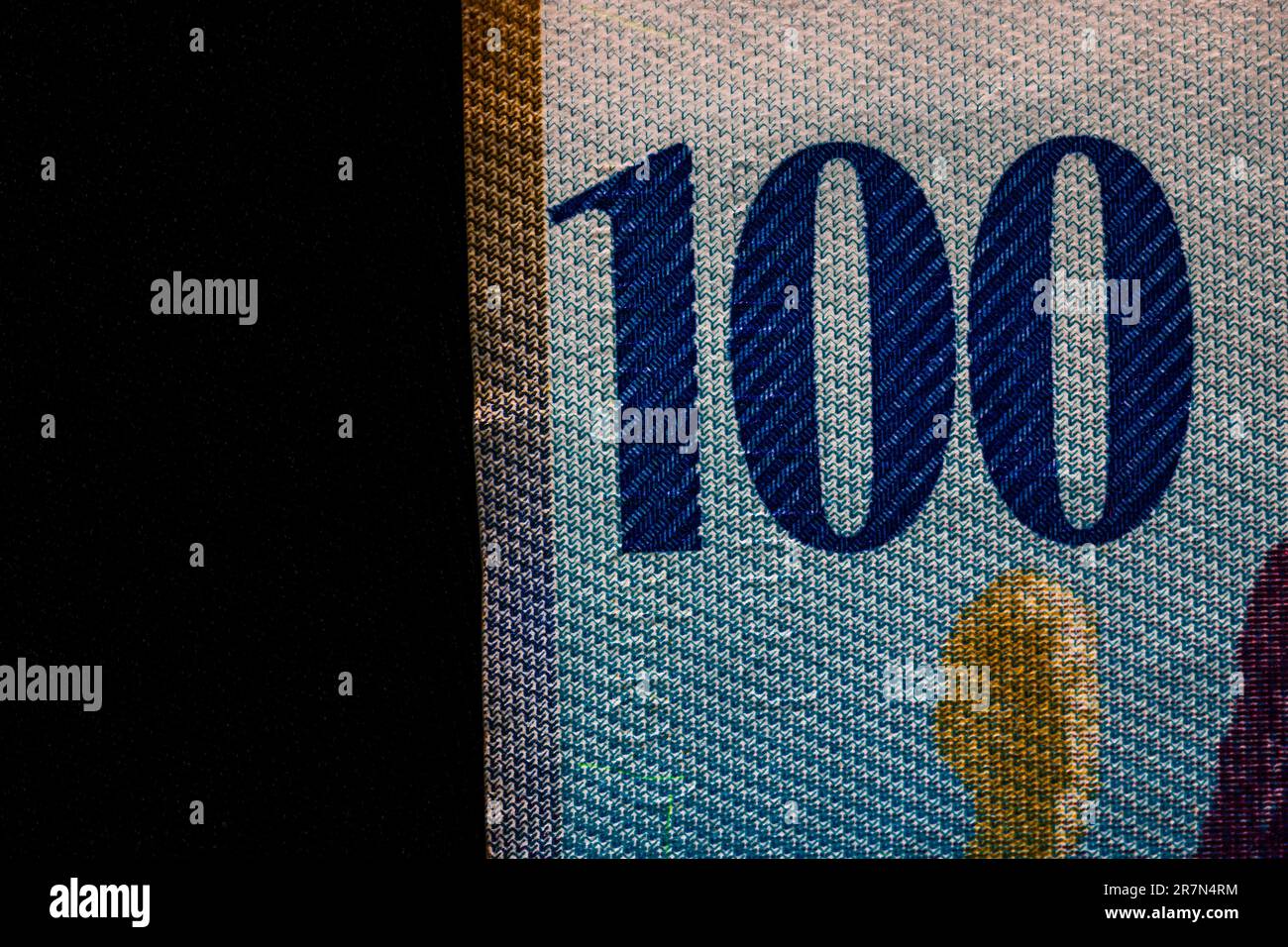 Selective focus on detail of 100 swiss franc banknote. Close up macro ...