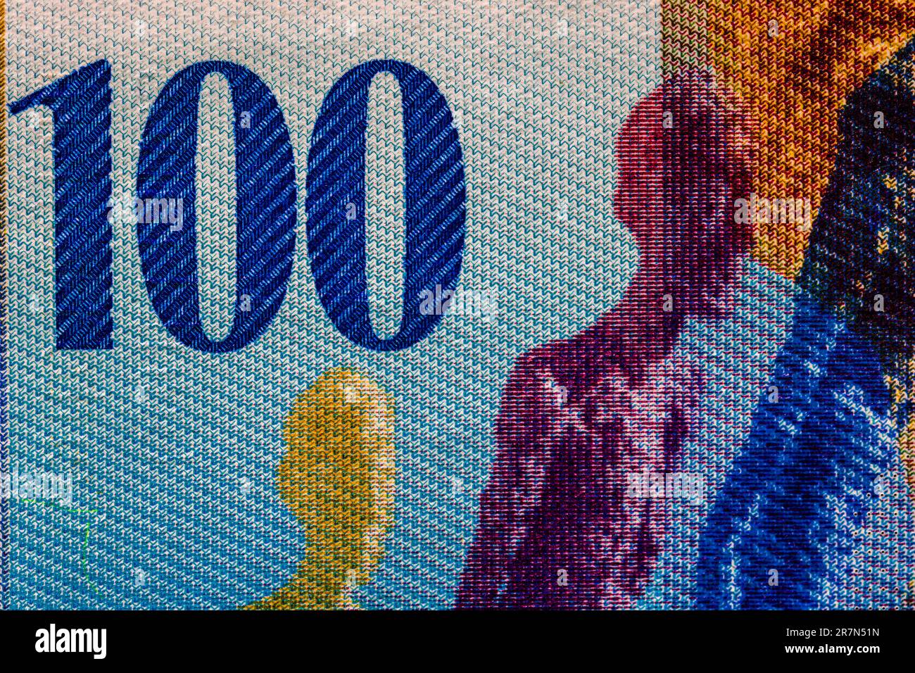Selective focus on detail of 100 swiss franc banknote. Close up macro ...