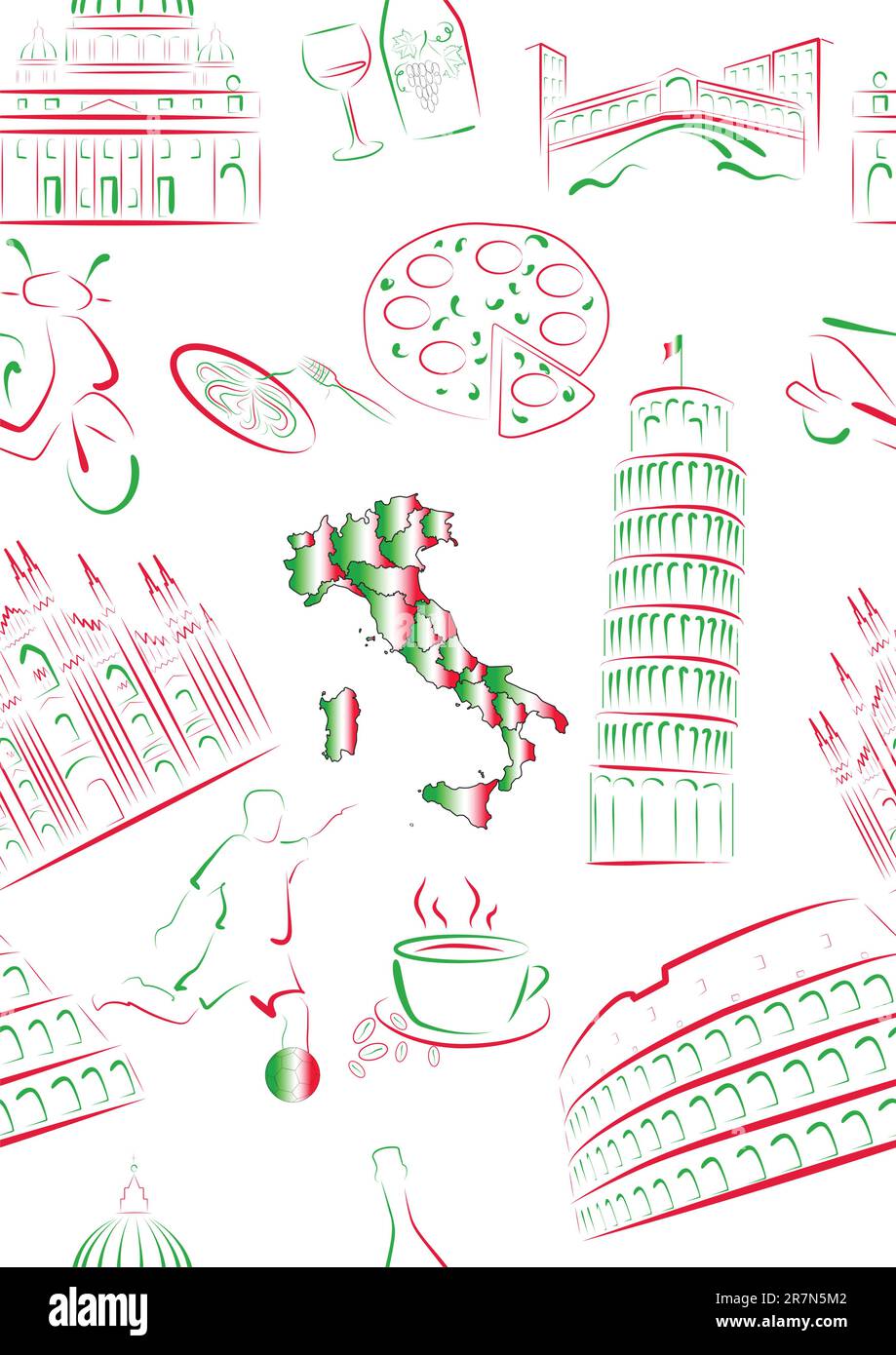 Set of vector drawn stylized sights and symbols of Italy. Seamless ...