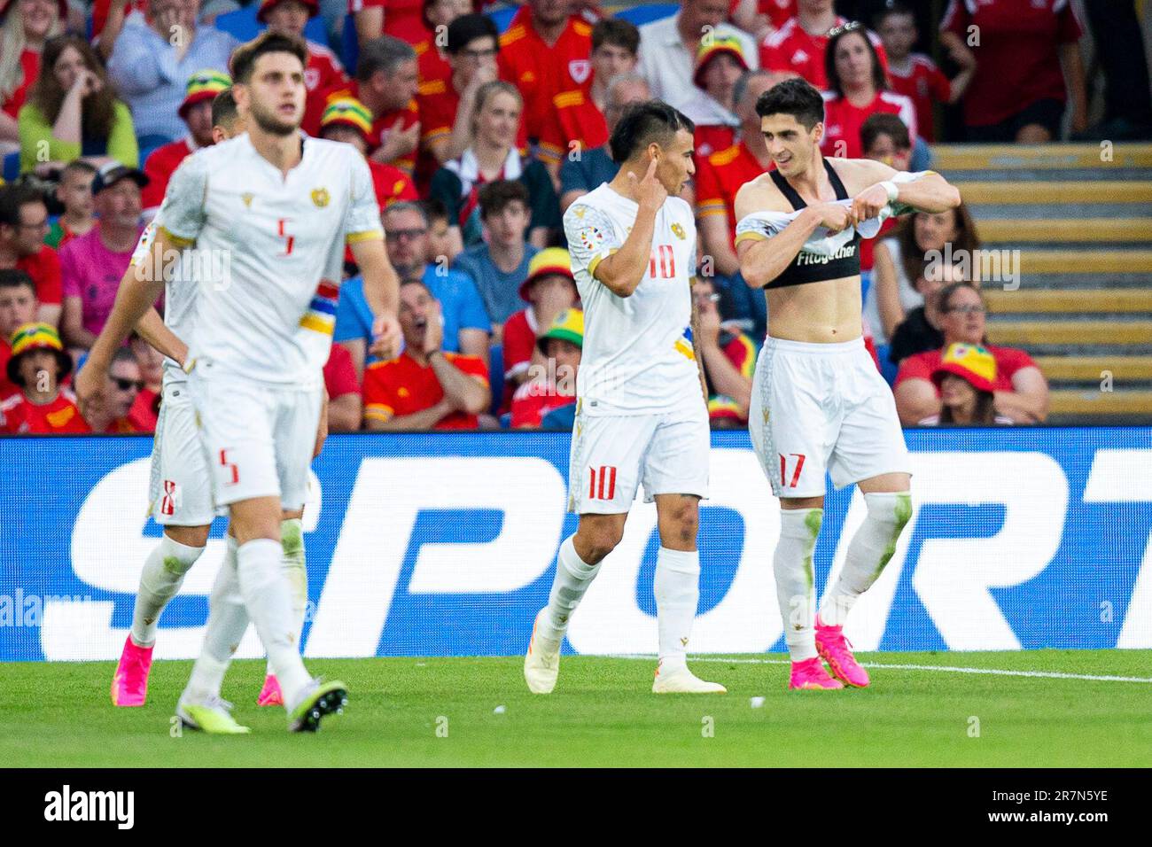 Cardiff, UK. 16th June, 2023. Grant-Leon Ranos of Armenia celebrates ...