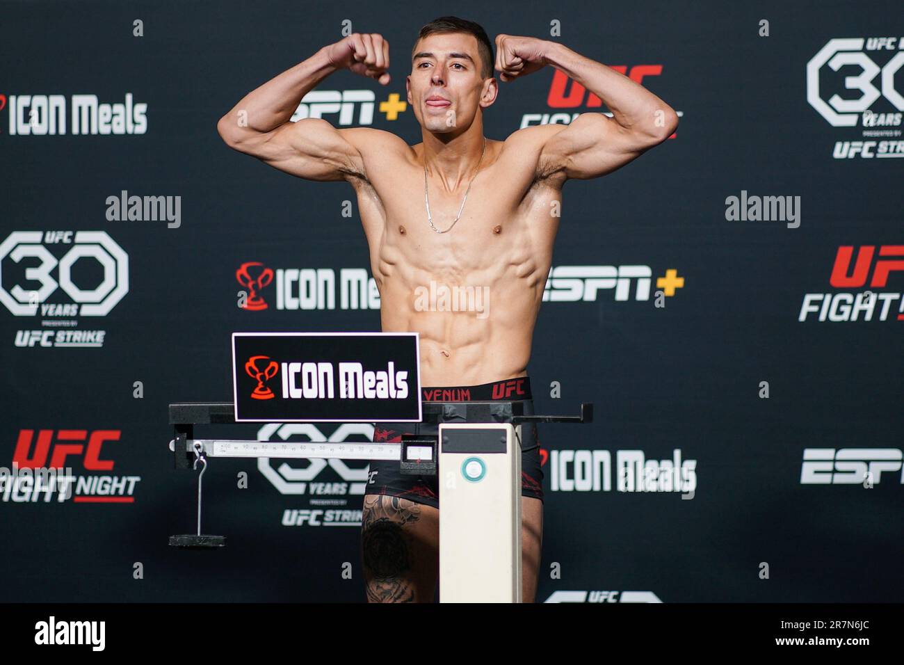 LAS VEGAS, NV - JUNE 16: Manuel Torres poses on the scale during the ...