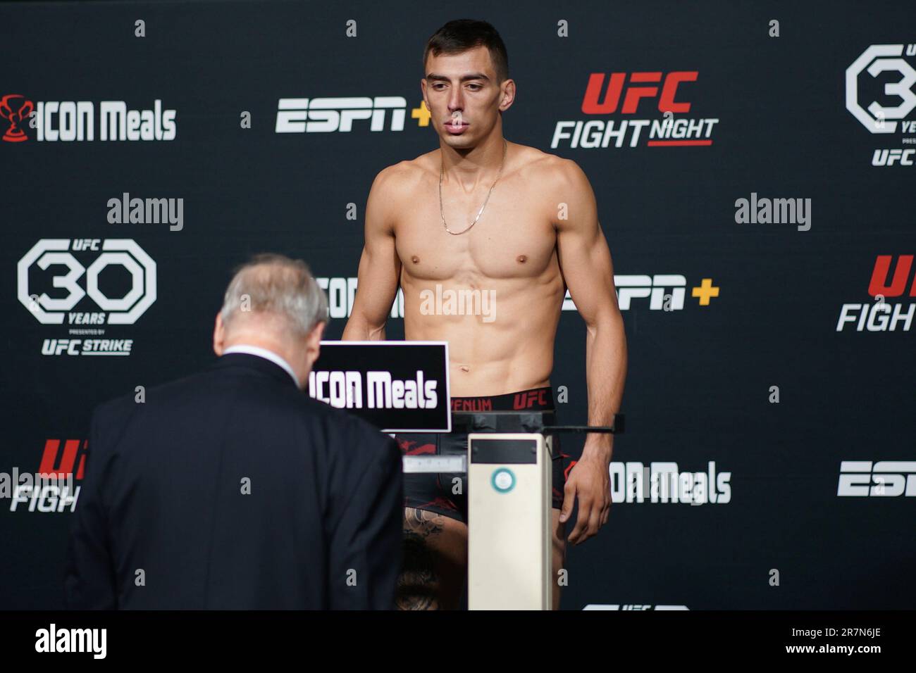 LAS VEGAS, NV - JUNE 16: Manuel Torres poses on the scale during the ...