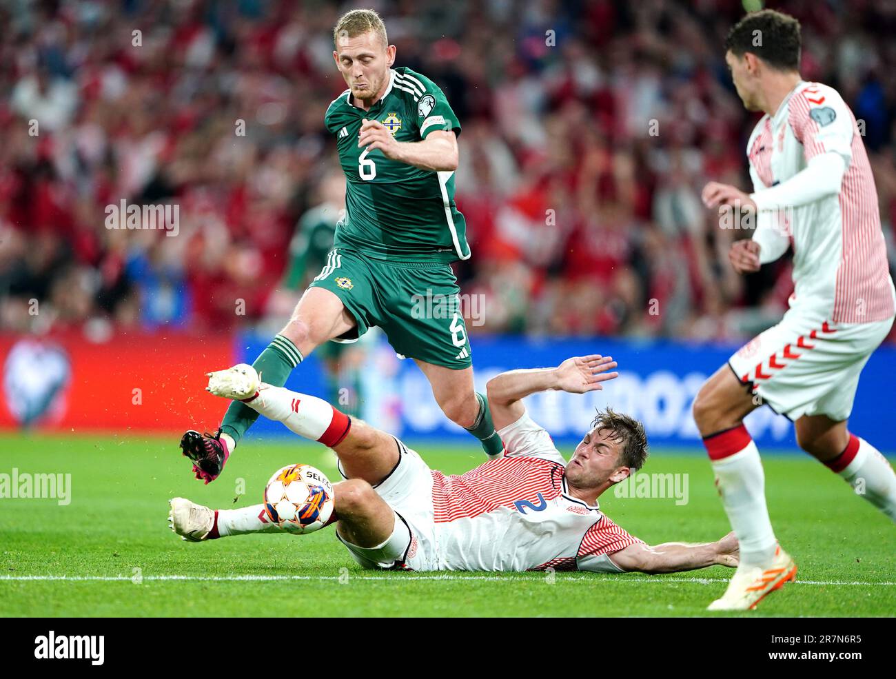 Northern Ireland' s George Saville attempts a shot on goal but is ...
