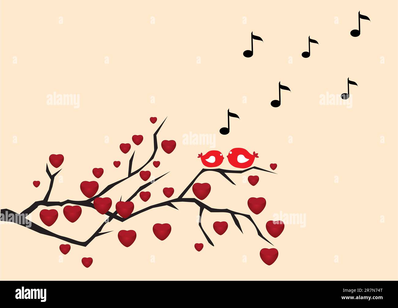 vector illustration of love branches with birds, hearts and musical ...