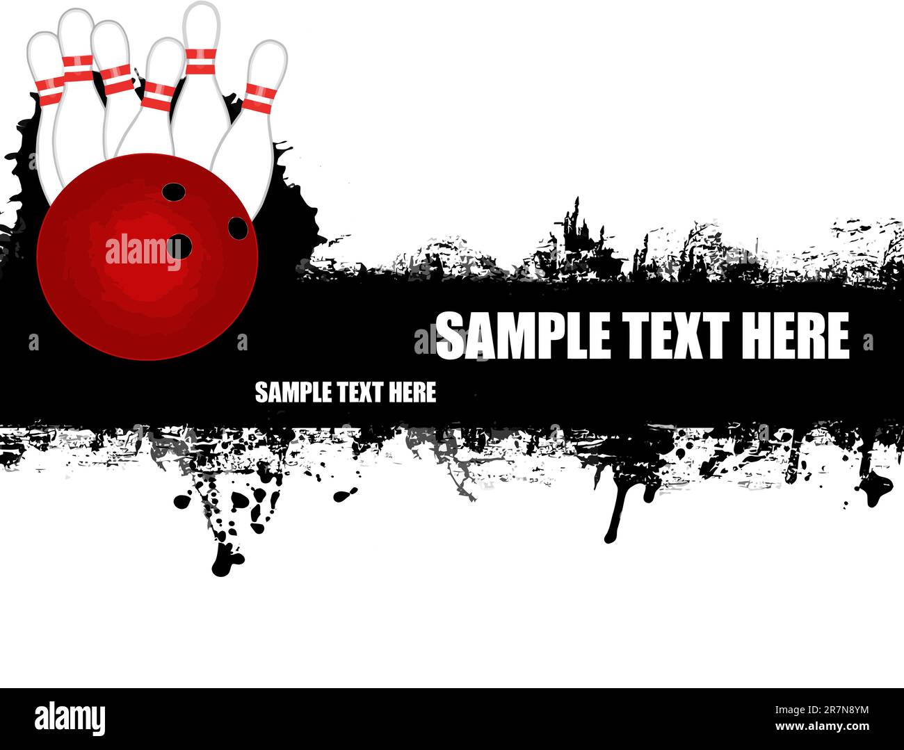 grunge bowling poster with bowling ball and skittles and white,vector ...