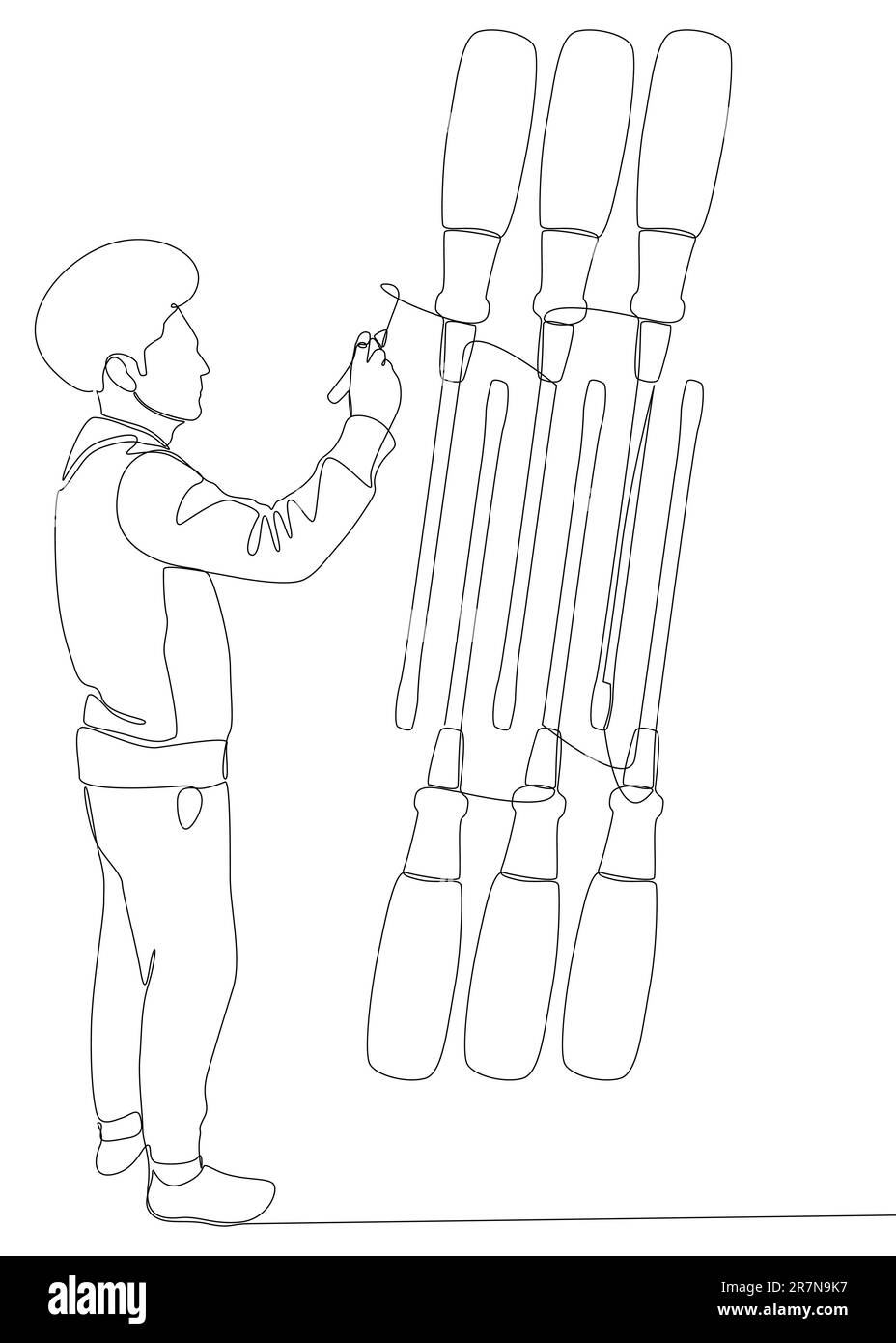 One continuous line of Man pointing with finger at Screwdriver. Thin ...