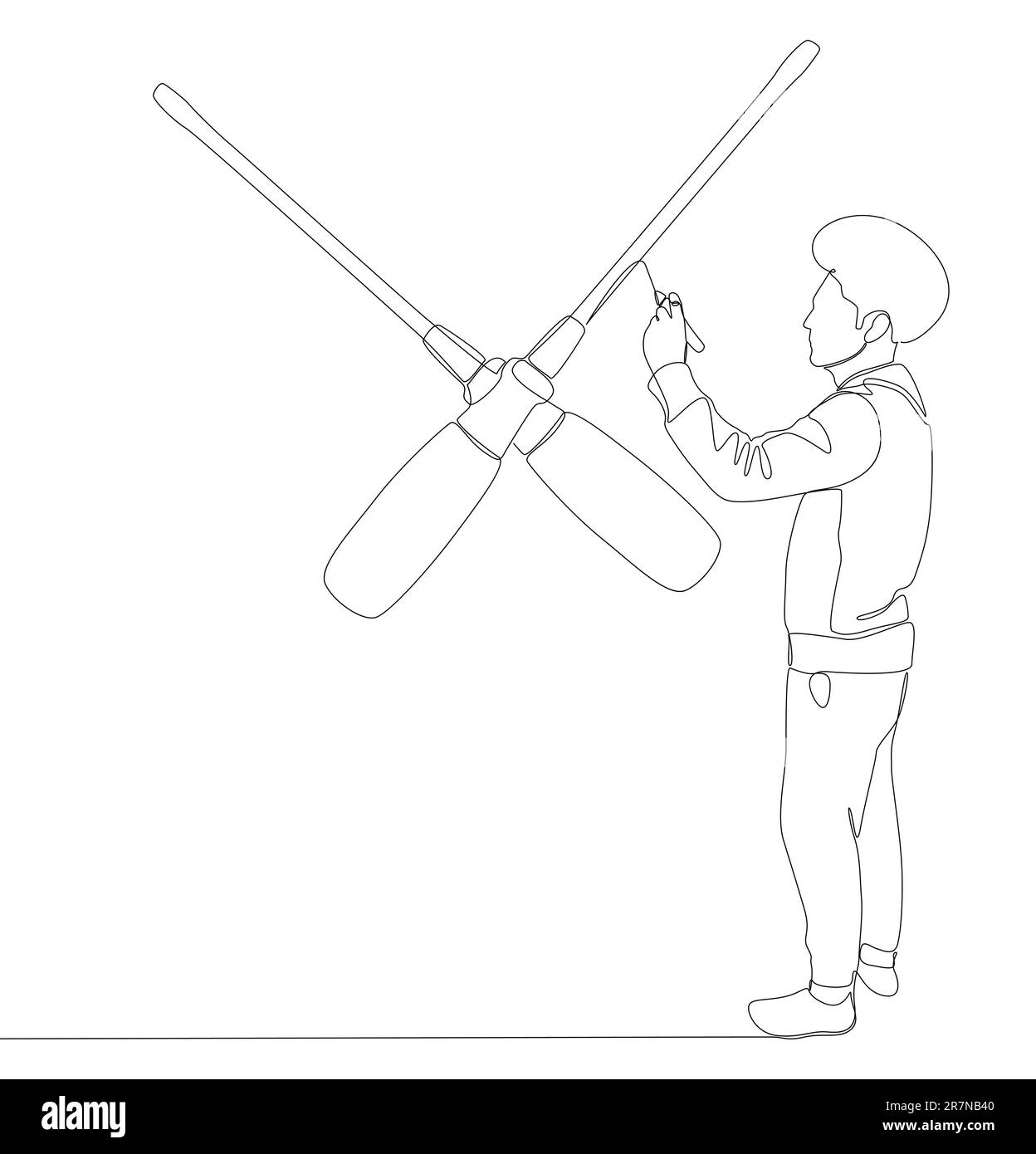 One continuous line of Man pointing with finger at Screwdriver. Thin ...