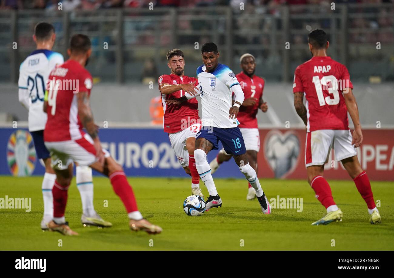 England's Marcus Rashford battles with Malta's Nicky Muscat during the ...