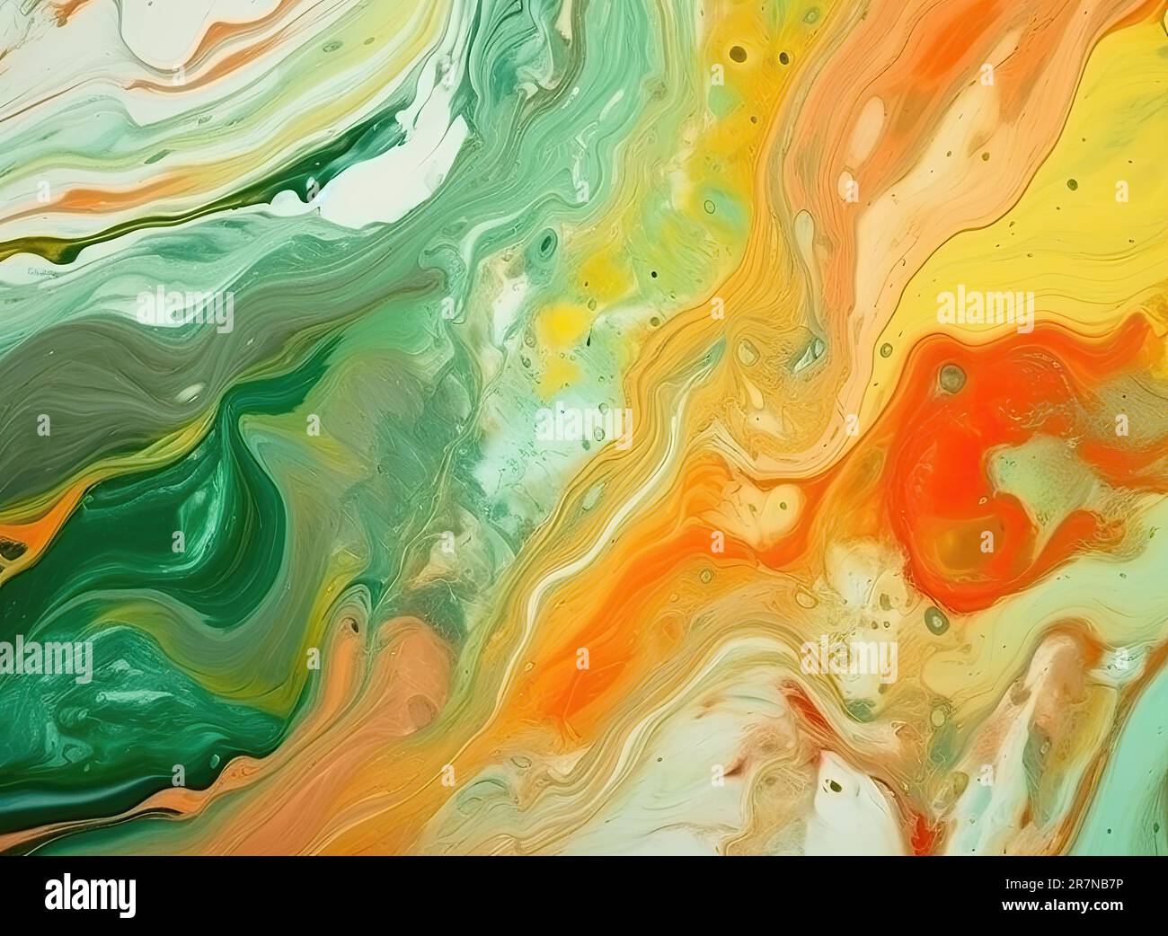 Digital illustration in fluid art style in green and orange colours ...