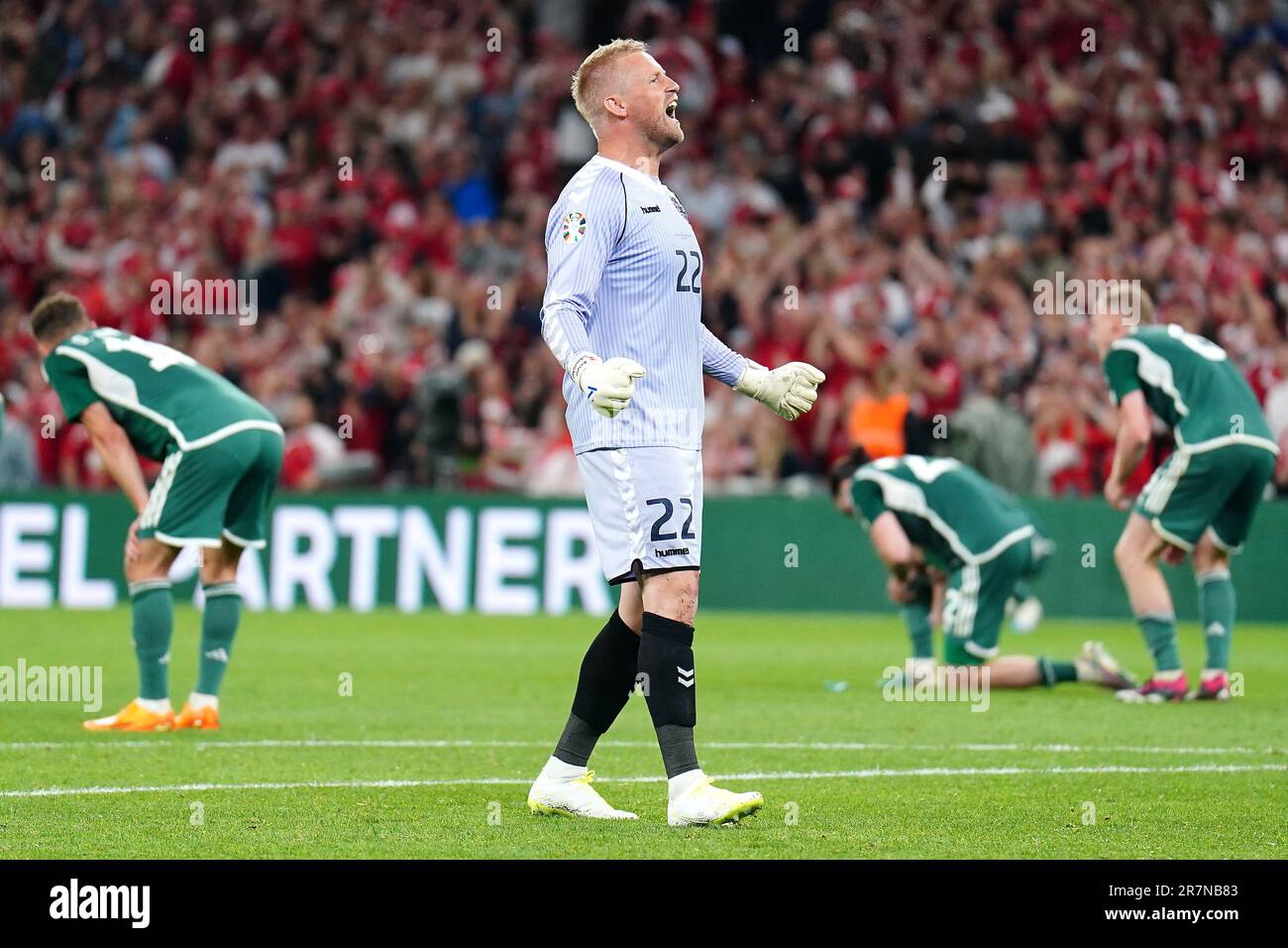 Denmark goalkeeper Kasper Schmeichel celebrates as Northern Ireland ...