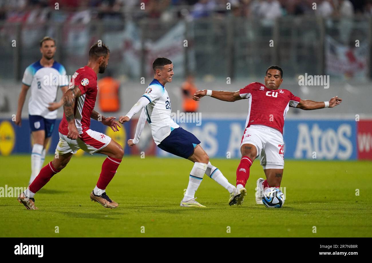England's Phil Foden and Malta's Yannick Yankam (right) in action ...