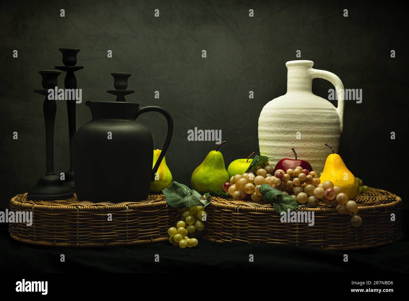 A stunning still-life shot depicting an arrangement of jugs, grapes ...