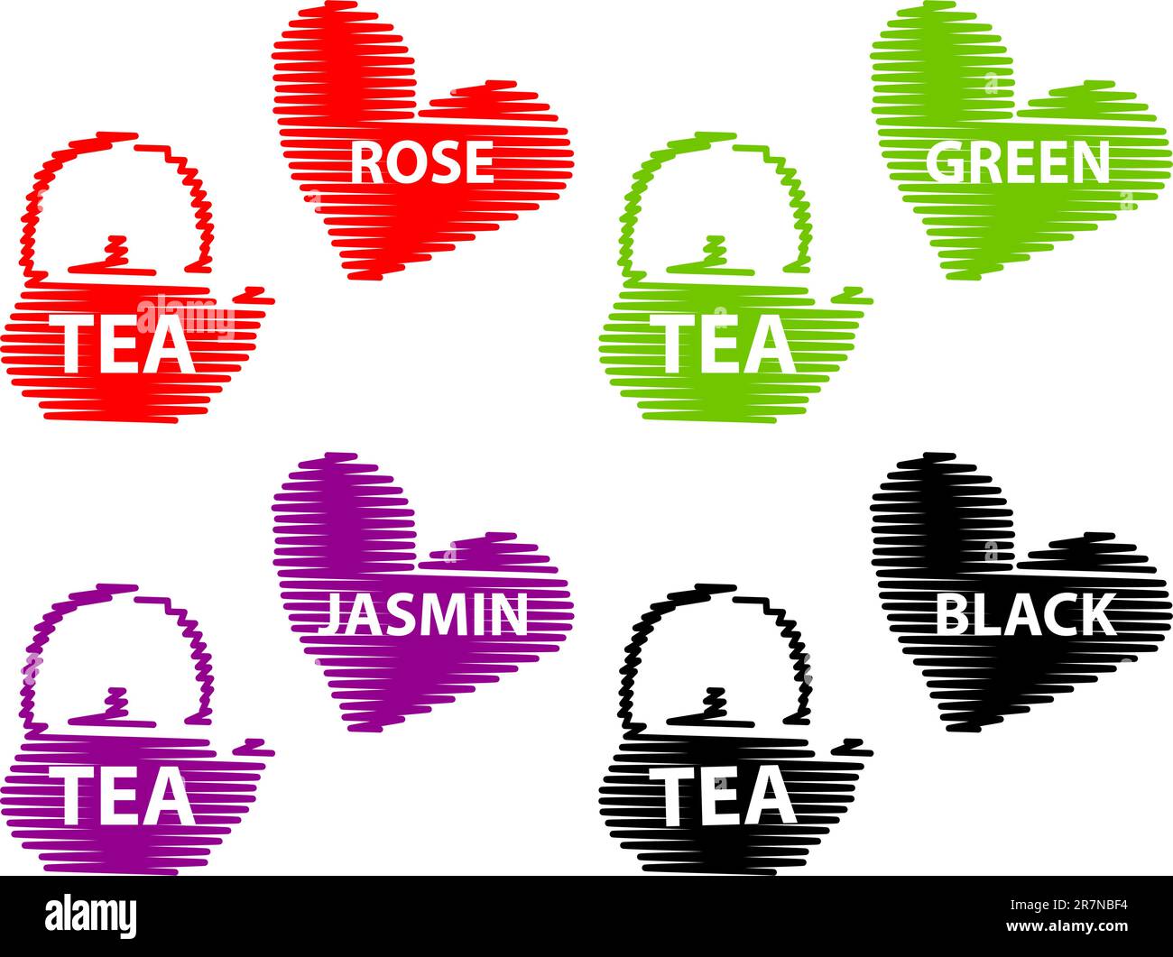 Different Tea Emblems - Black, Rose, Jasmin, Green fake stroke labels ...