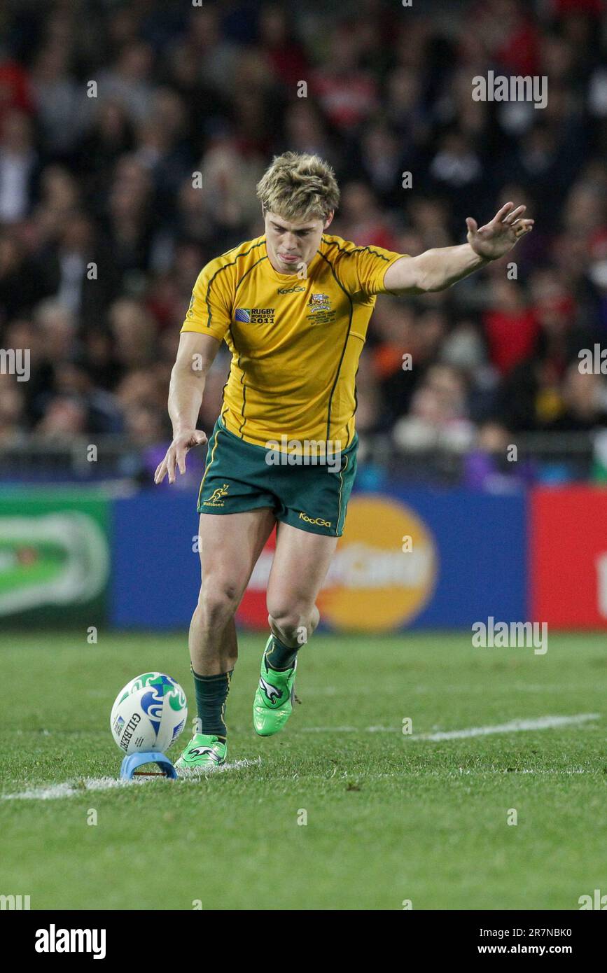 Australia’s James O’Connor takes a kick at goal whilst playing Wales ...