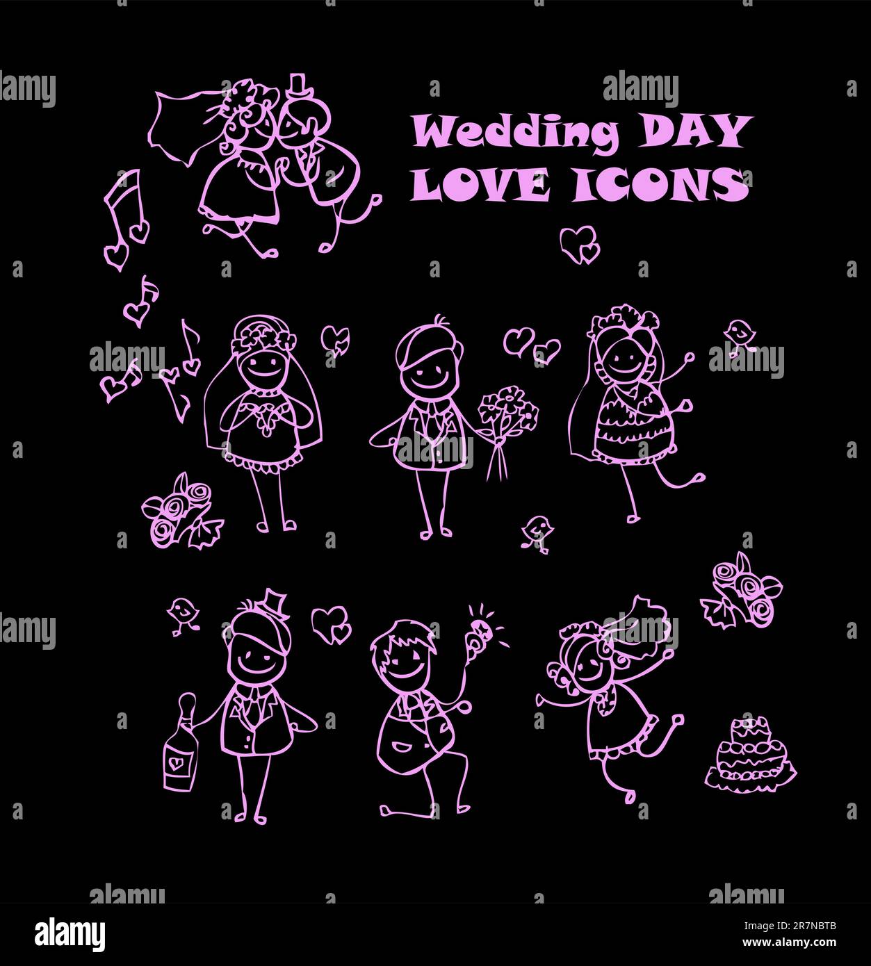wedding love icons set, kids cartoon design, isolated wed people vector ...
