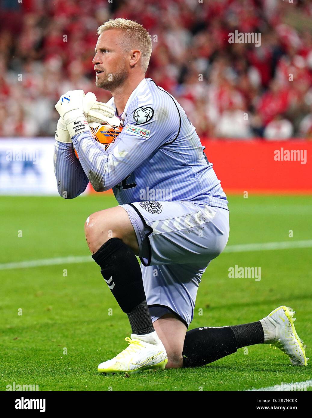Denmark goalkeeper Kasper Schmeichel claims the ball during the UEFA ...