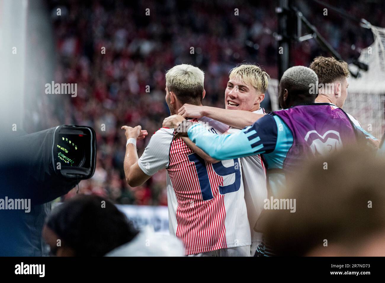 Copenhagen, Denmark. 16th June, 2023. Jonas Wind (19) of Denmark scores ...