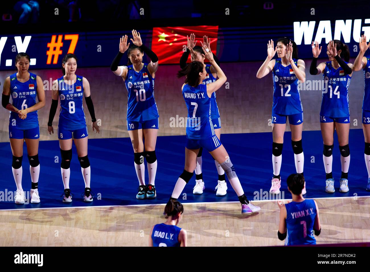 Hong Kong, Hong Kong. 16th June, 2023. Team China cheering before the preliminary match of FIVB ...