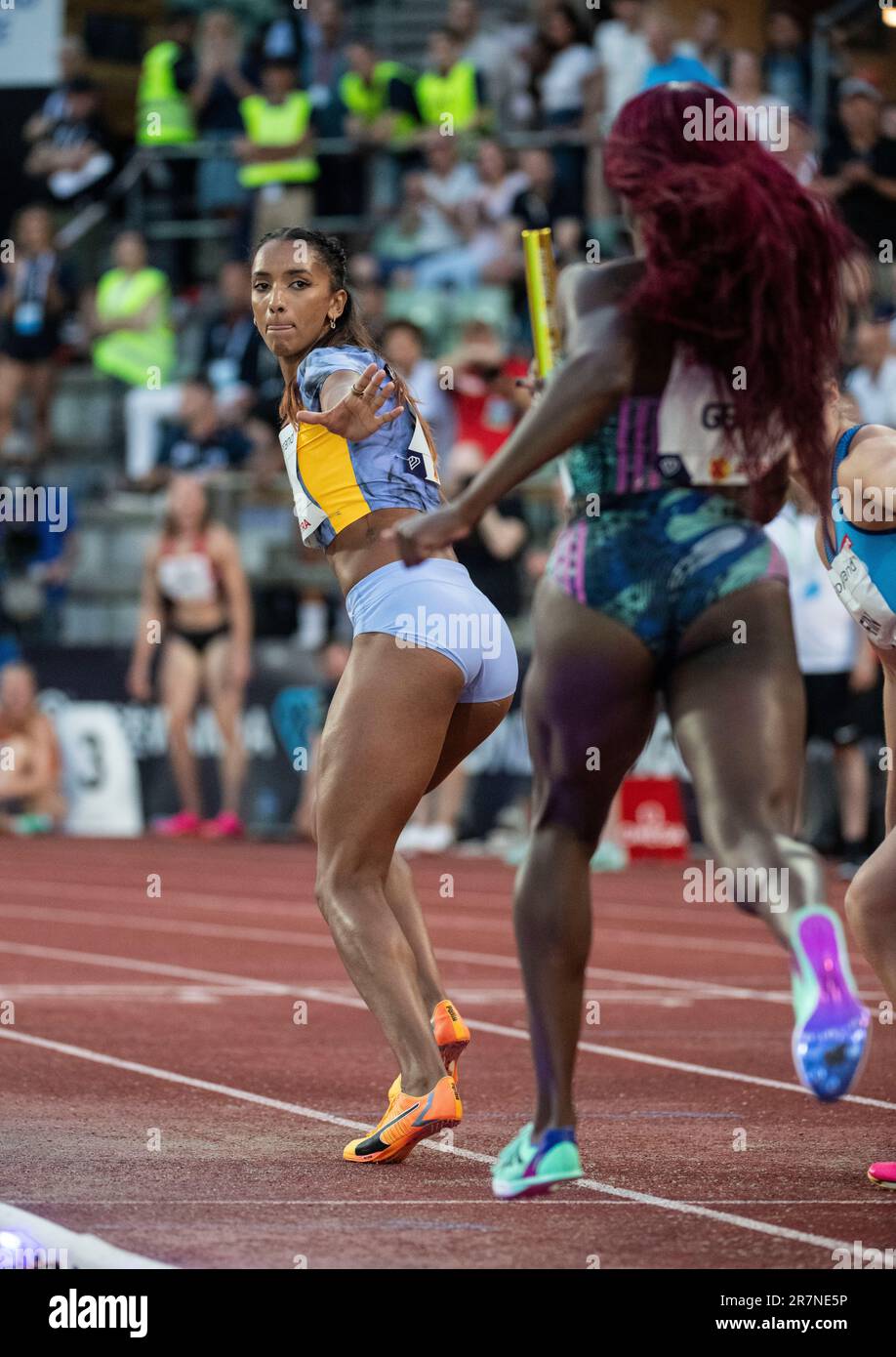 Lina Nielsen of GB & NI competing in the women’s 4x400m relay at the Oslo Bislett Games, Wanda ...