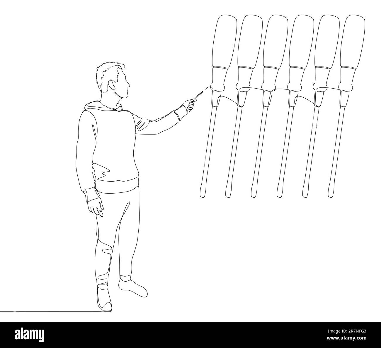 One Continuous Line Of Man Pointing With Finger At Screwdriver Thin Line Repair Carpentry