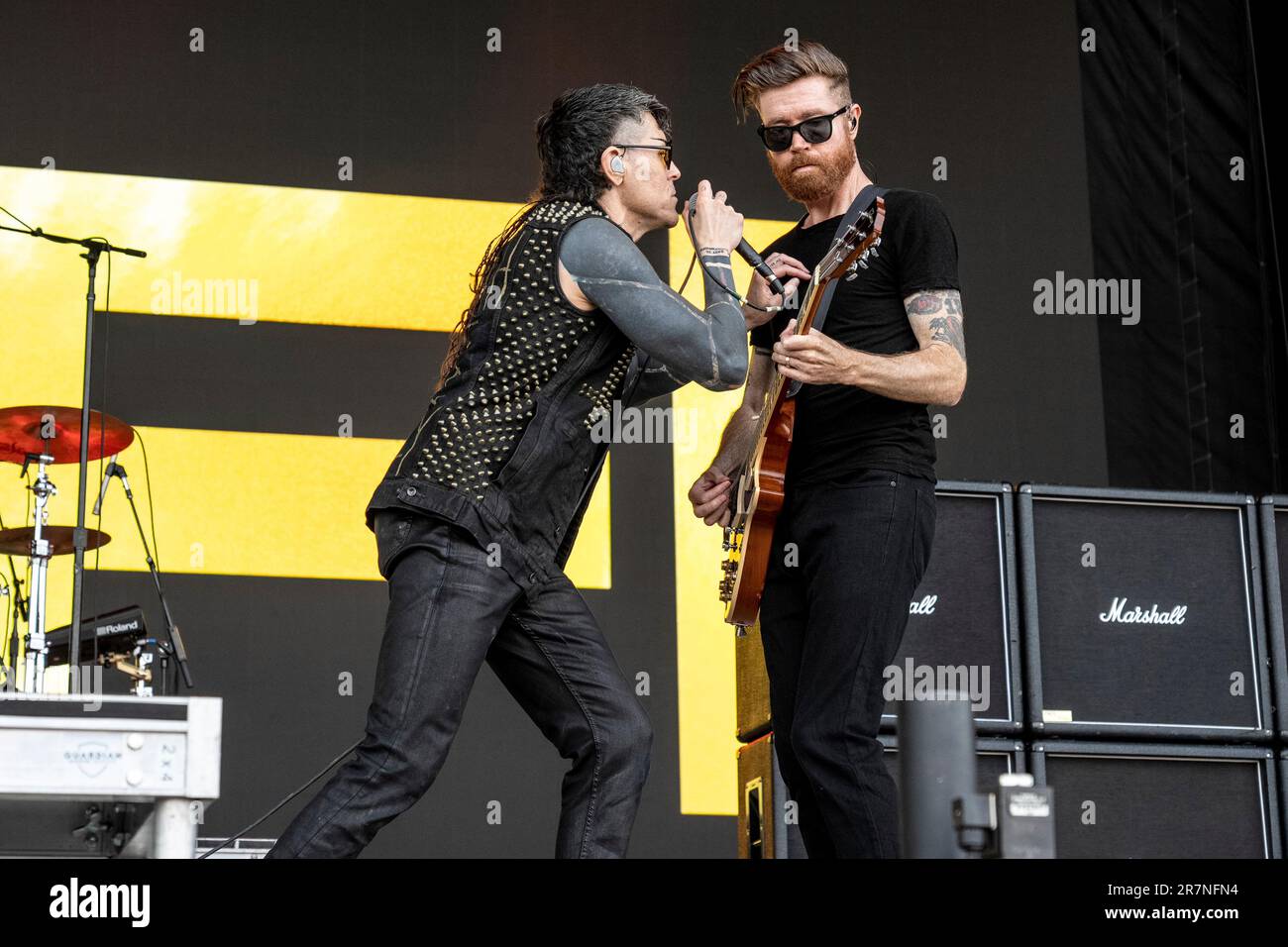 Davey Havok, left, and Jade Puget of AFI perform during the 2023 Bonnaroo Music and Arts ...