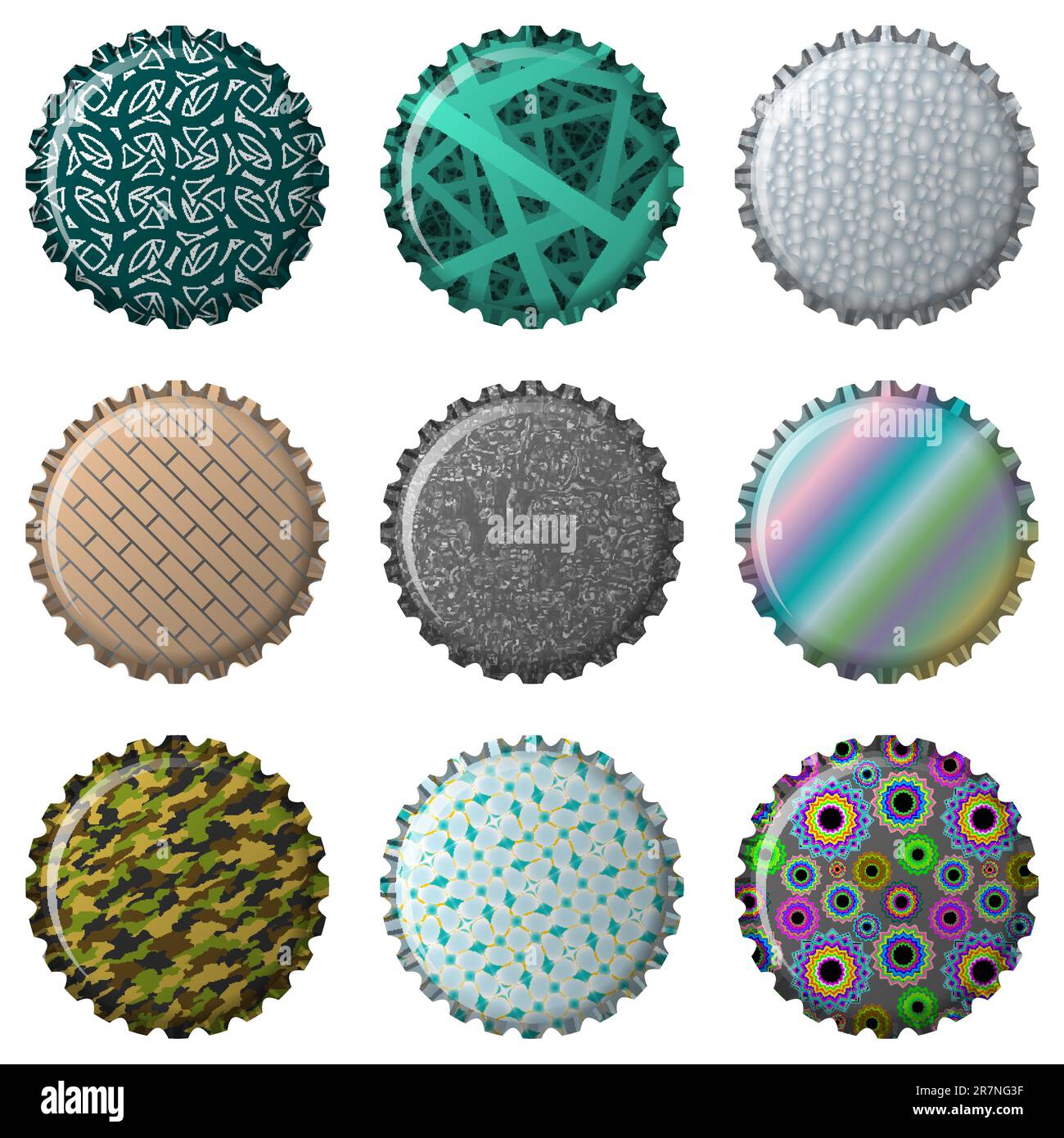 nine textured bottle caps, abstract vector art illustration Stock ...