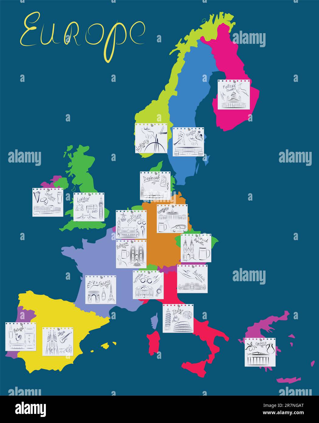 Map of Europe with countries marked with pinned notebook sheets with ...