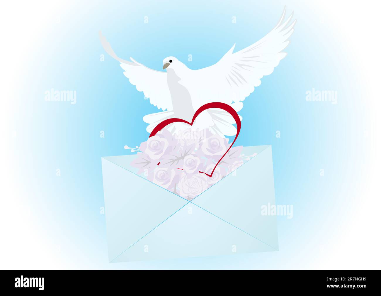 Flying white dove, an envelope with a letter and flowers and heart. The ...