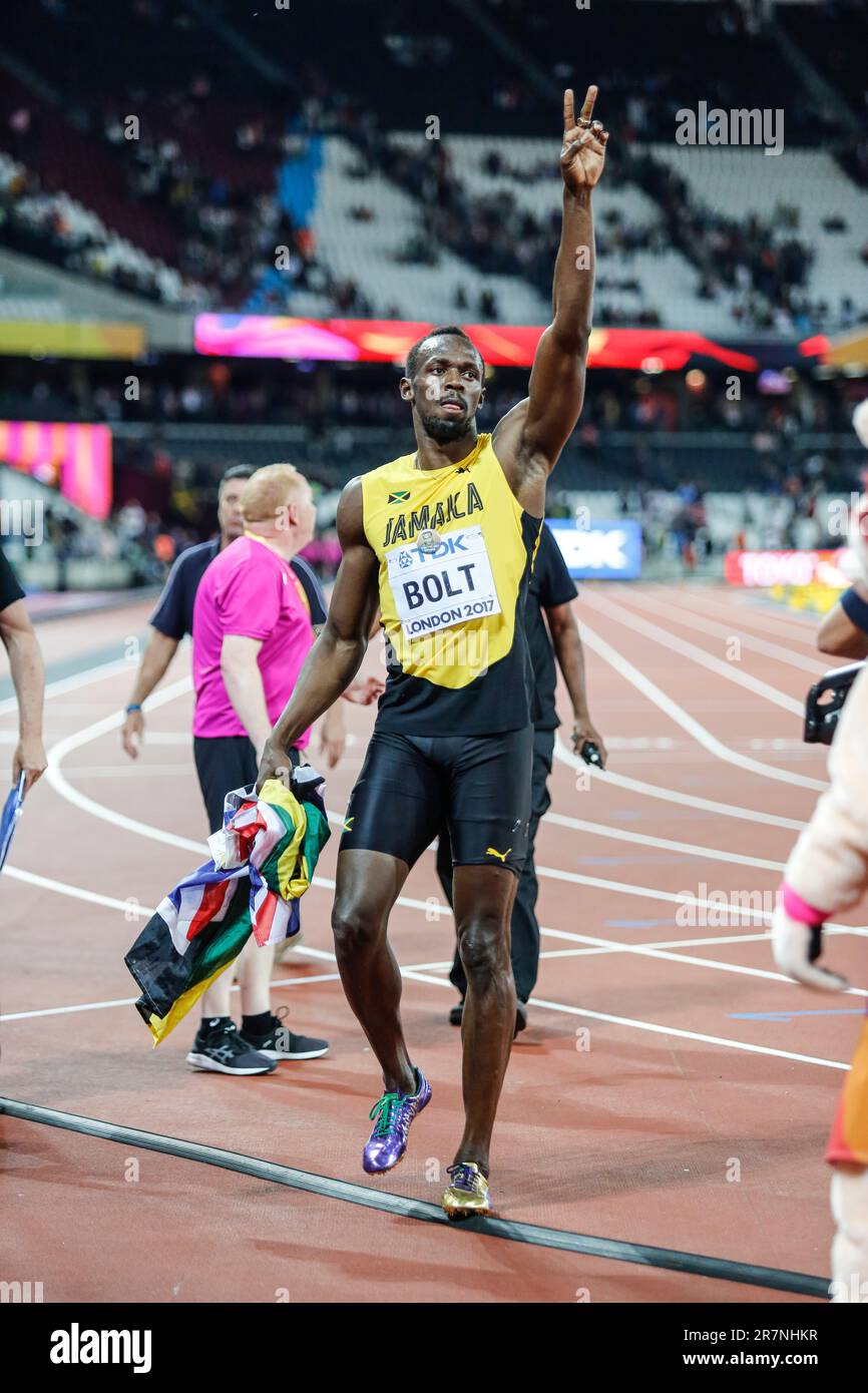 Usain Bolt participating in the 100m final at the World Athletics ...
