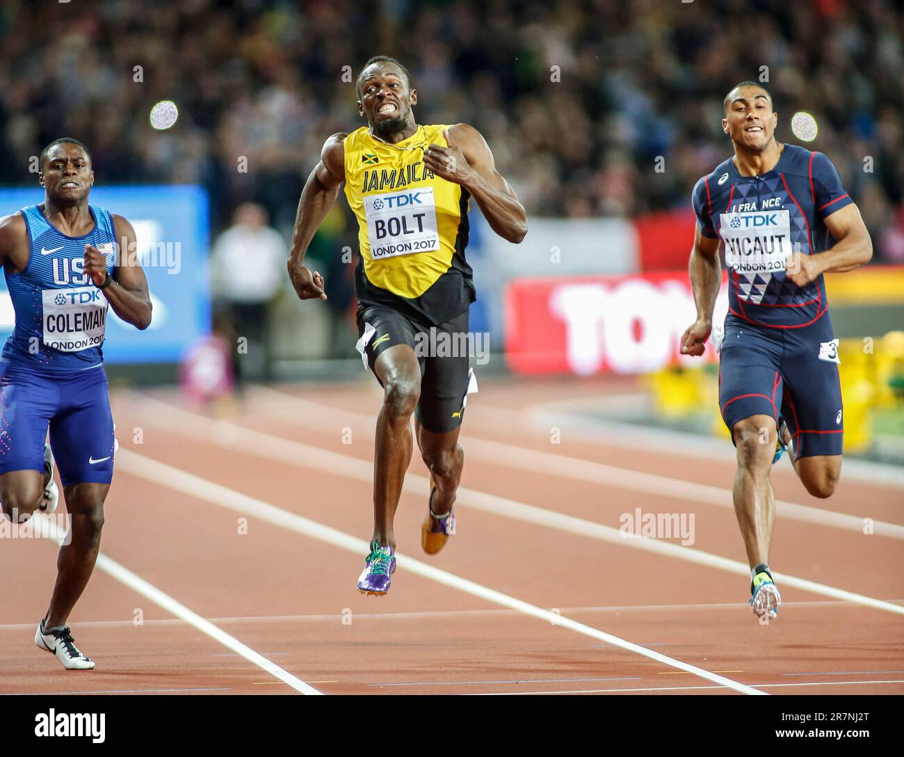Usain Bolt participating in the 100m final at the World Athletics Championships London 2017 ...