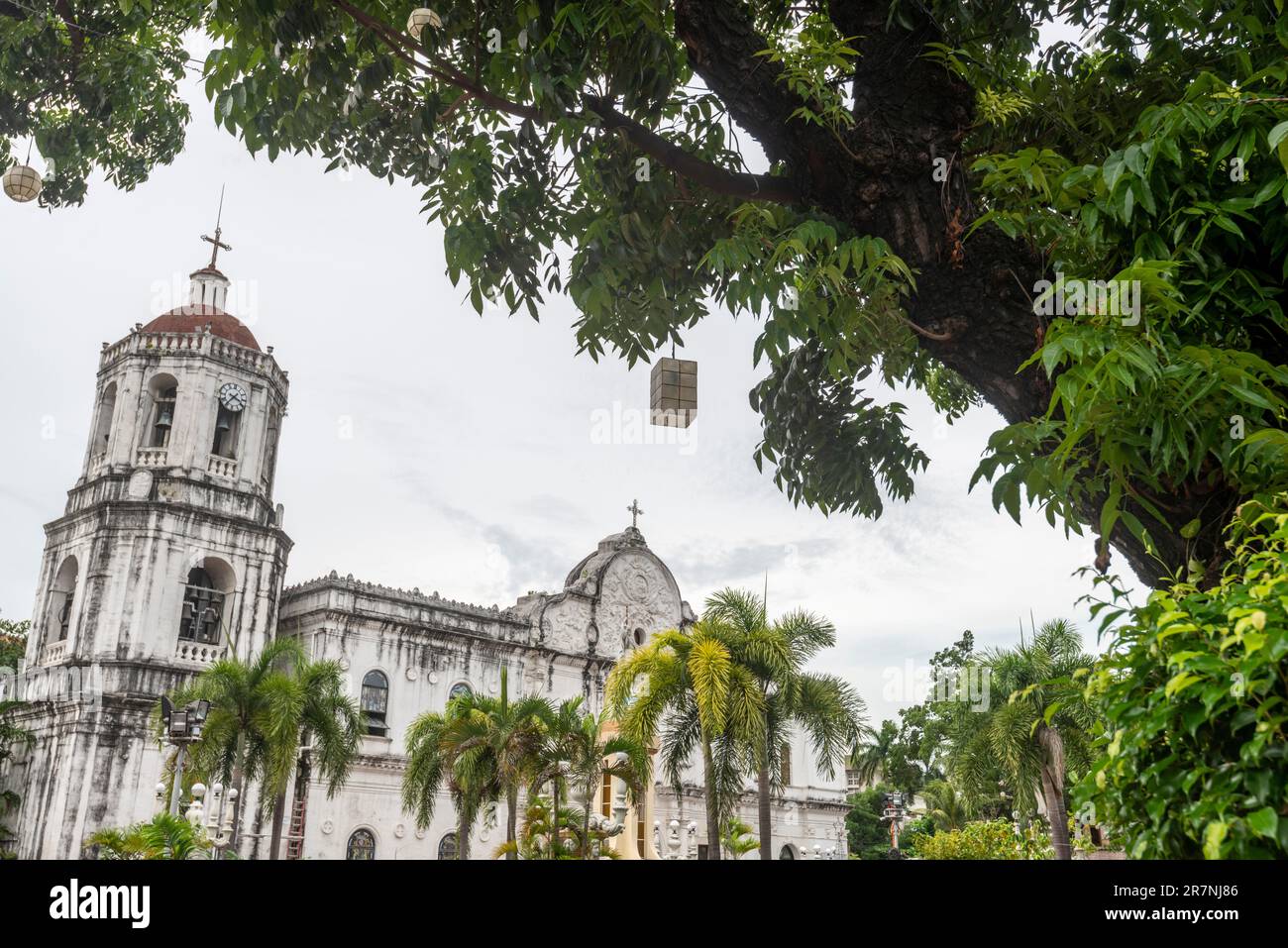 Spanish colonial architecture and domed bell tower.Palm trees line the ...