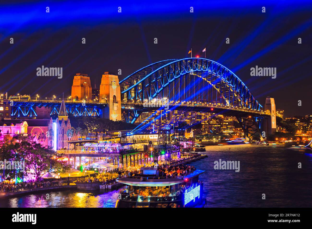 Sydney harbour bridge with bright illumination during Vivid Sydney 2023 ...