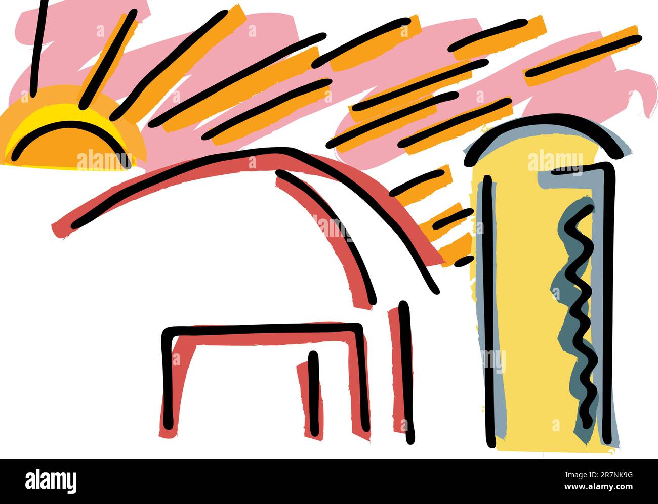 Abstract drawing of a sunrise behind a barn and silo Stock Vector Image ...
