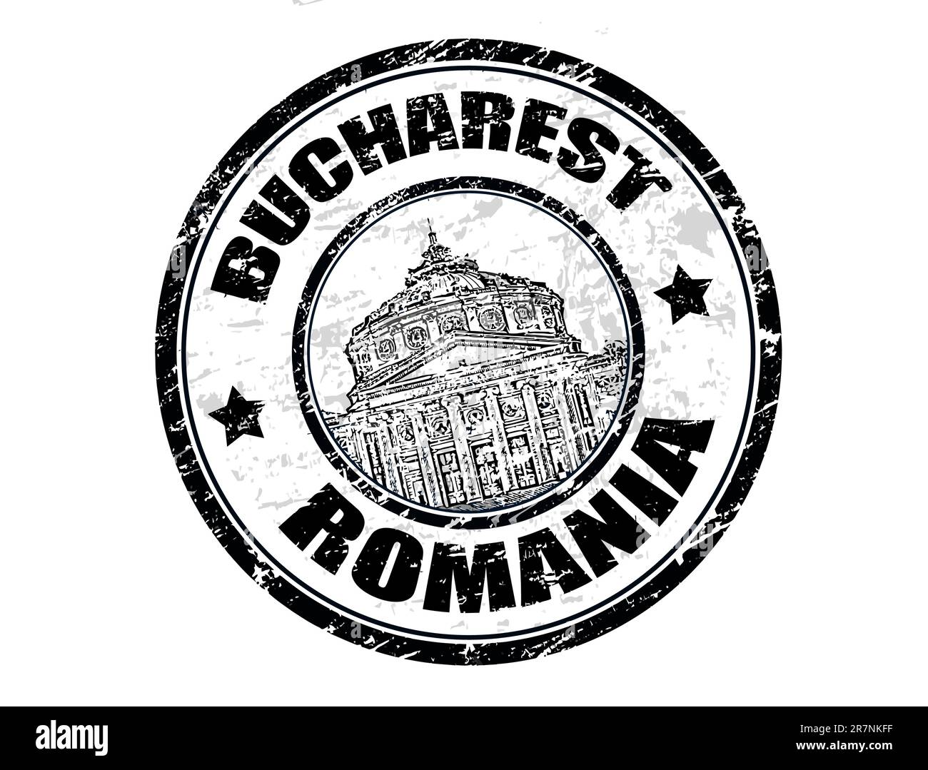 Grunge Rubber Stamp With The Athenaeum Shape And The Name Bucharest Written Inside The Stamp