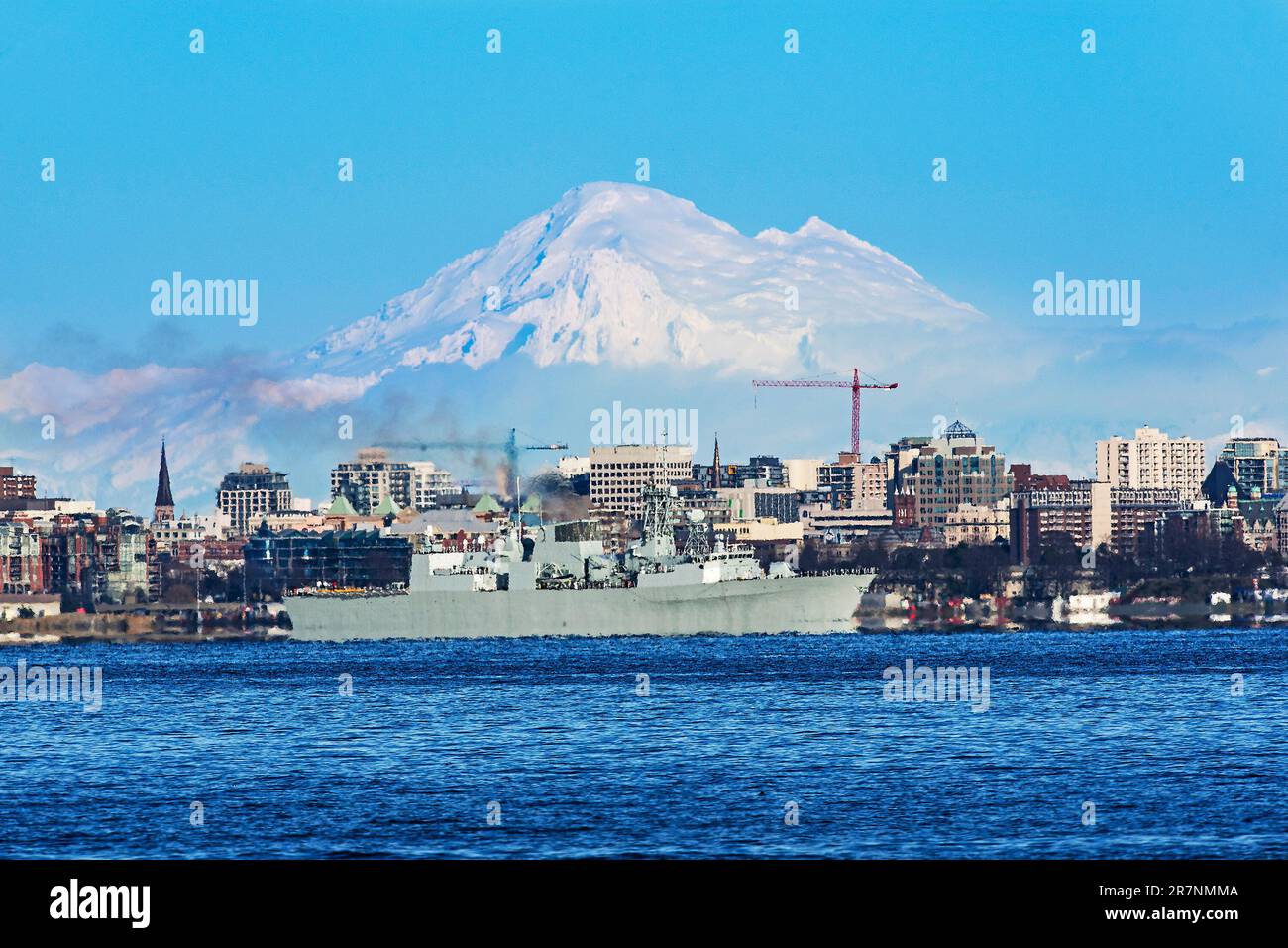Image of frigate HMCS Calgary departing Victoria harbor with Mt. Baker ...