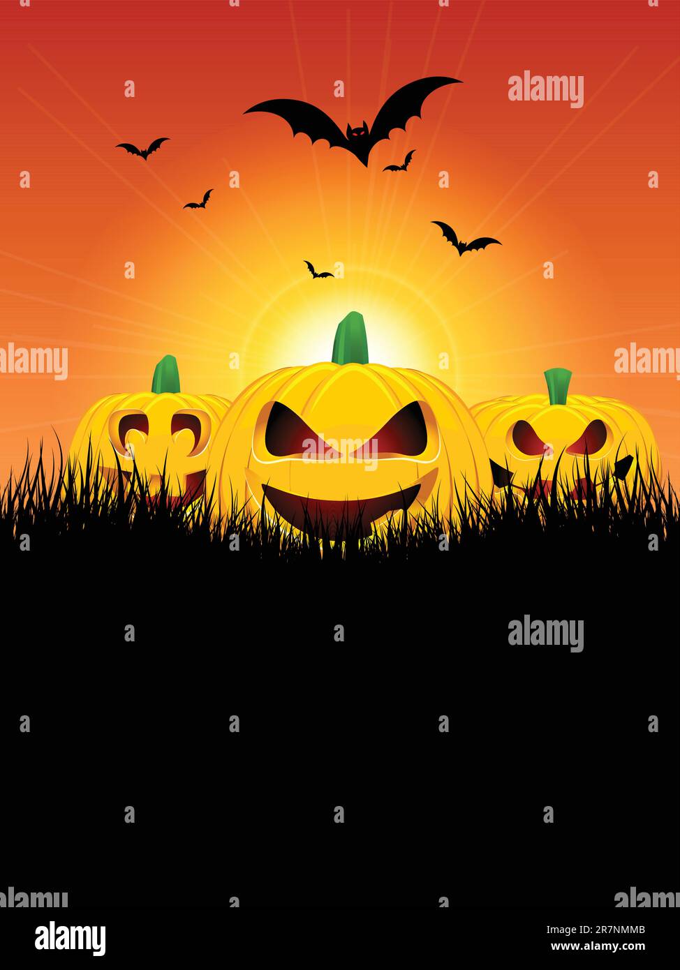 Halloween background with pumpkins in grass and bats flying in the sky ...